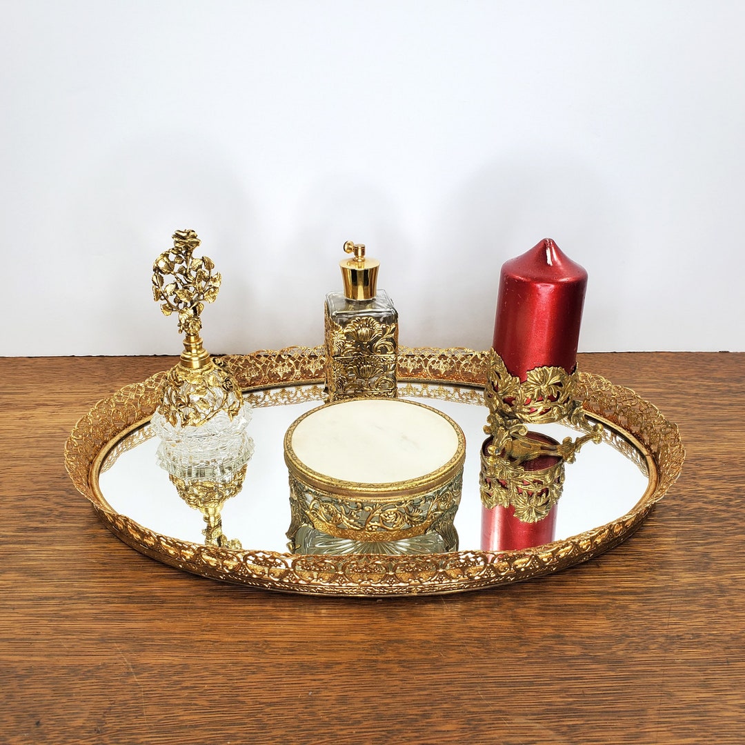 Pretty Vintage 16" Gold Filigree Mirrored Oval Vanity Tray, MSM, Ormolu ...
