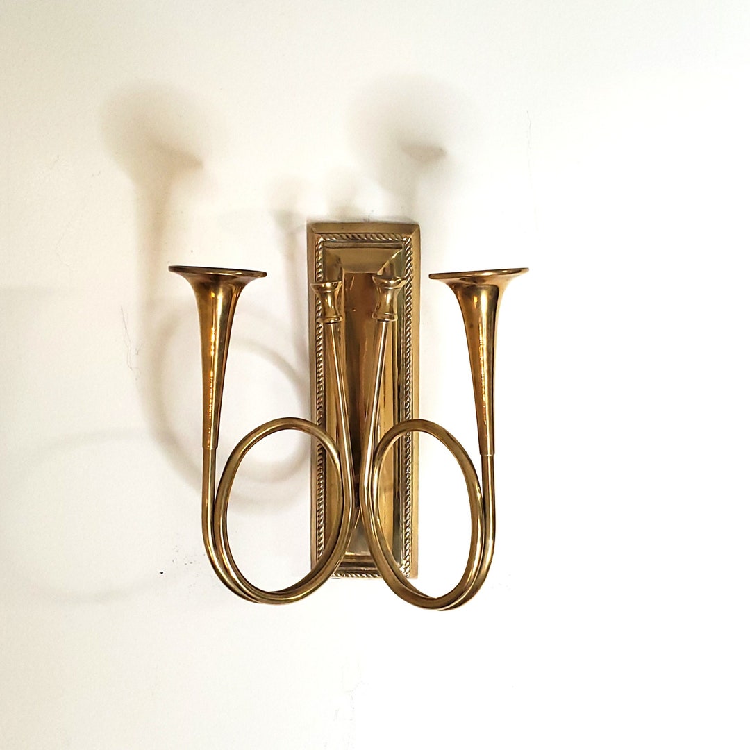 Vintage Solid Brass Double Trumpet Wall Sconce Candle Holder, Heavy ...