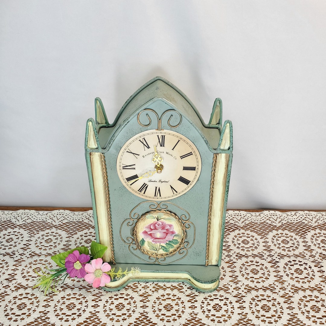 Shabby Chic Edinburgh Clock Works Metal Sage Green Floral Mantel Clock ...