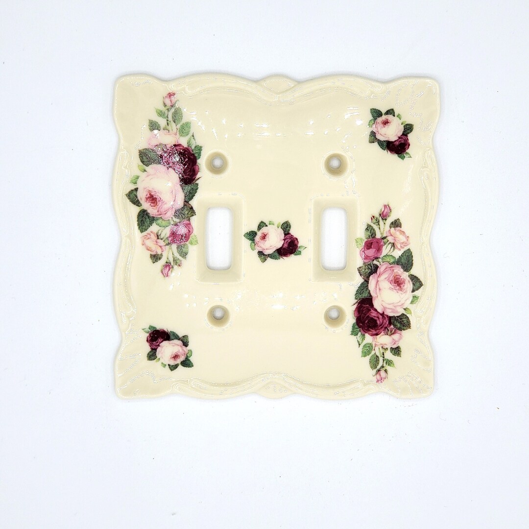 Vintage Cream Porcelain Double Light Switch Cover . June Rose . Pink ...