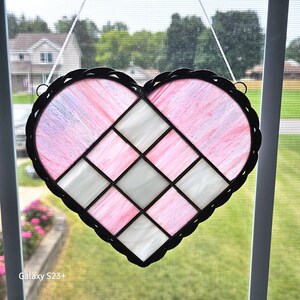 Handmade Stained Glass Heart Window Decor . Pink & White Slag Glass ...