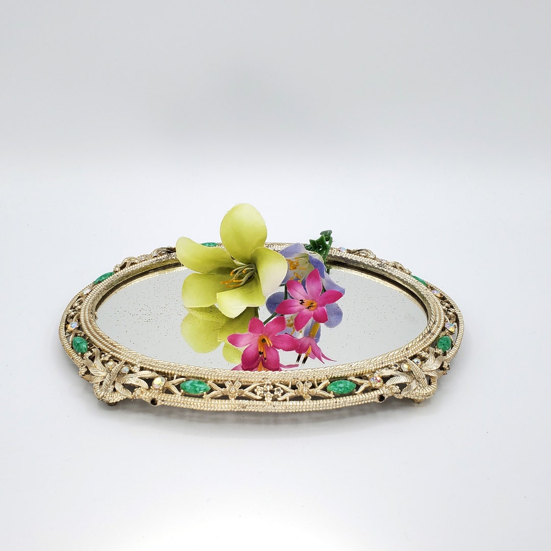 Vintage Sam Fink Ormolu Mirror Vanity Tray, Rhinestones & Faux Jade ...