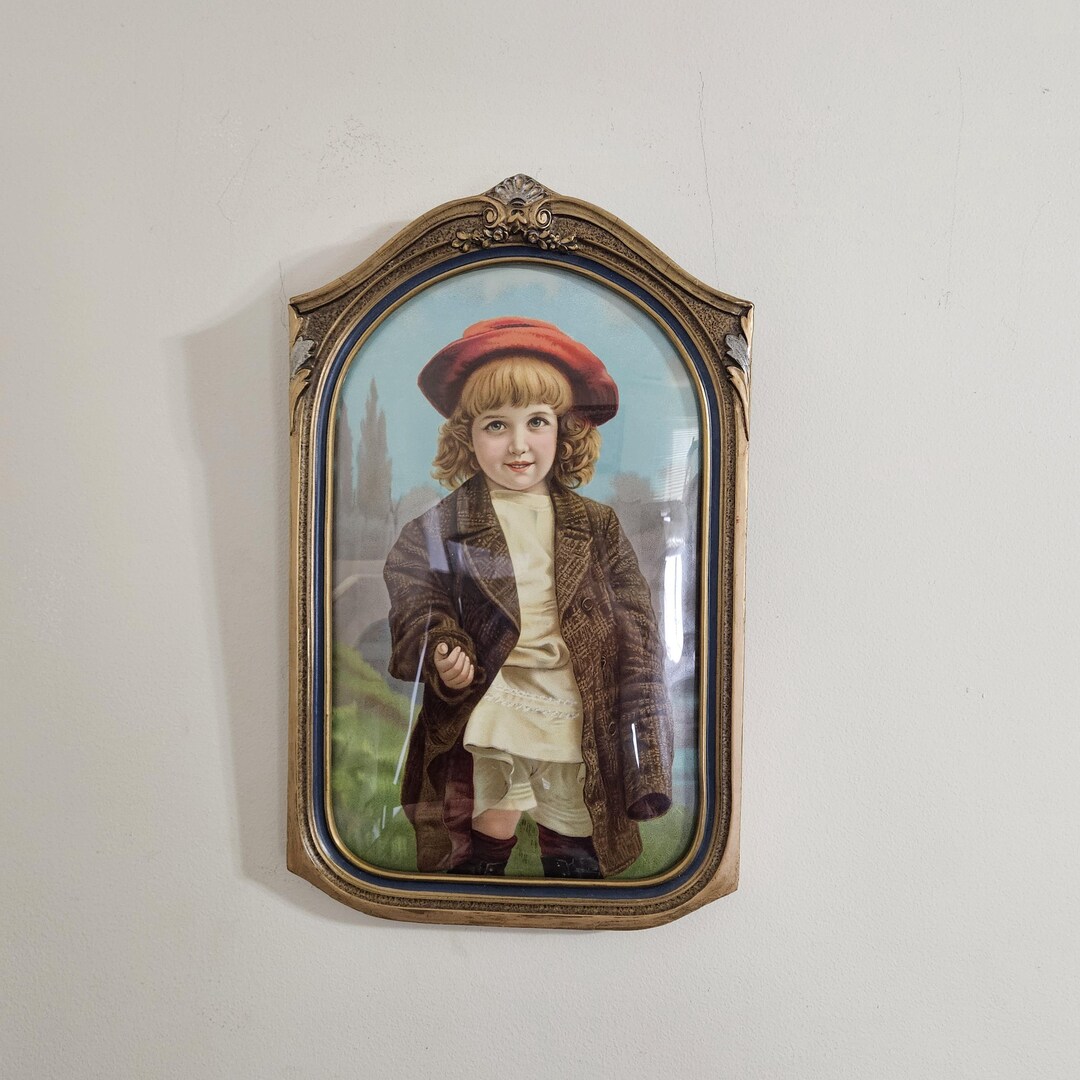 Antique Colored Lithograph of Child, Burnished Gold & Blue Wood Frame ...