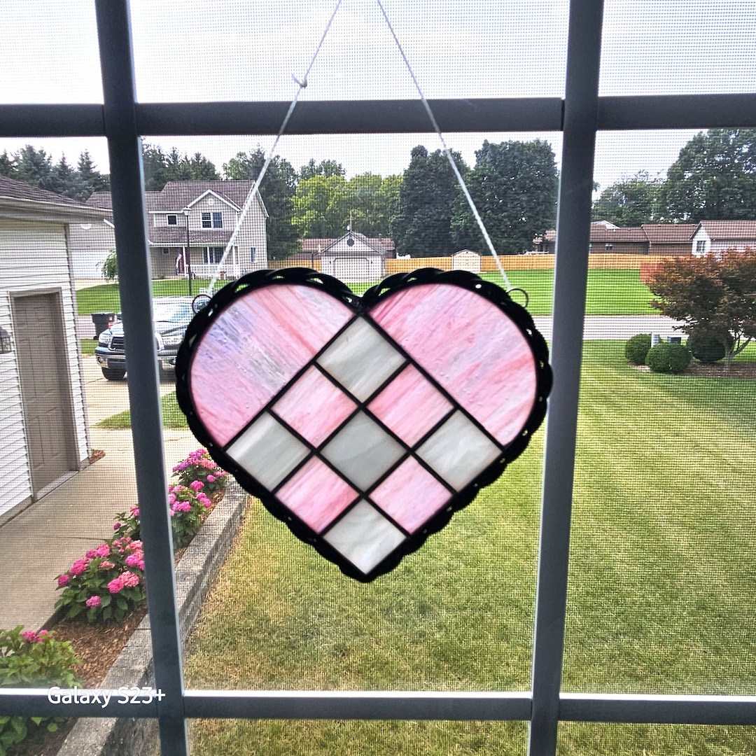 Handmade Stained Glass Heart Window Decor . Pink & White Slag Glass ...