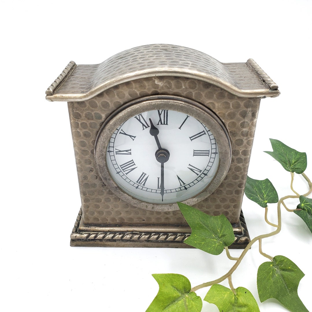 Vintage Hammered Pewter Table Top Clock , Metal Desk Clock, Roman ...