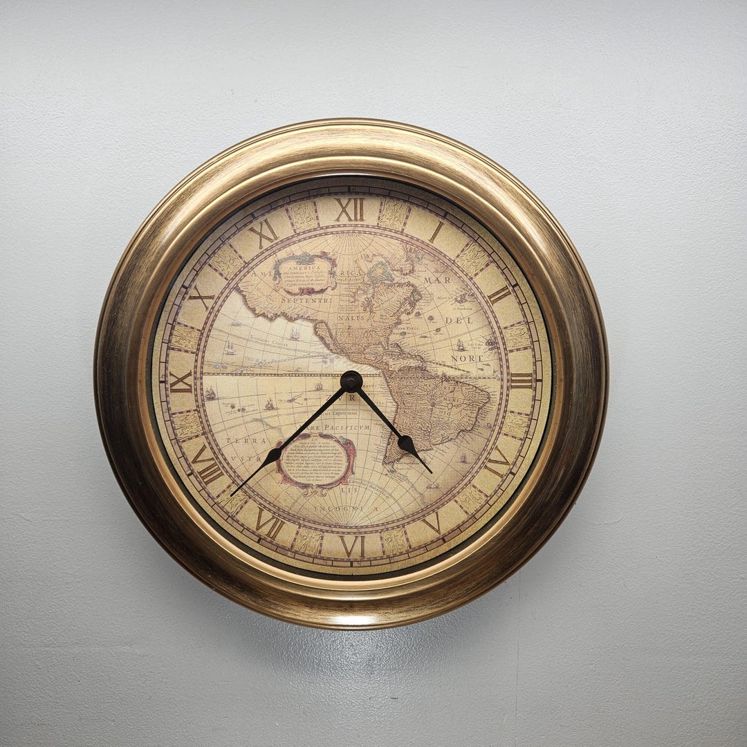 Vintage 16" World Map Wall Clock, Burnished Brass Color Frame, Round ...