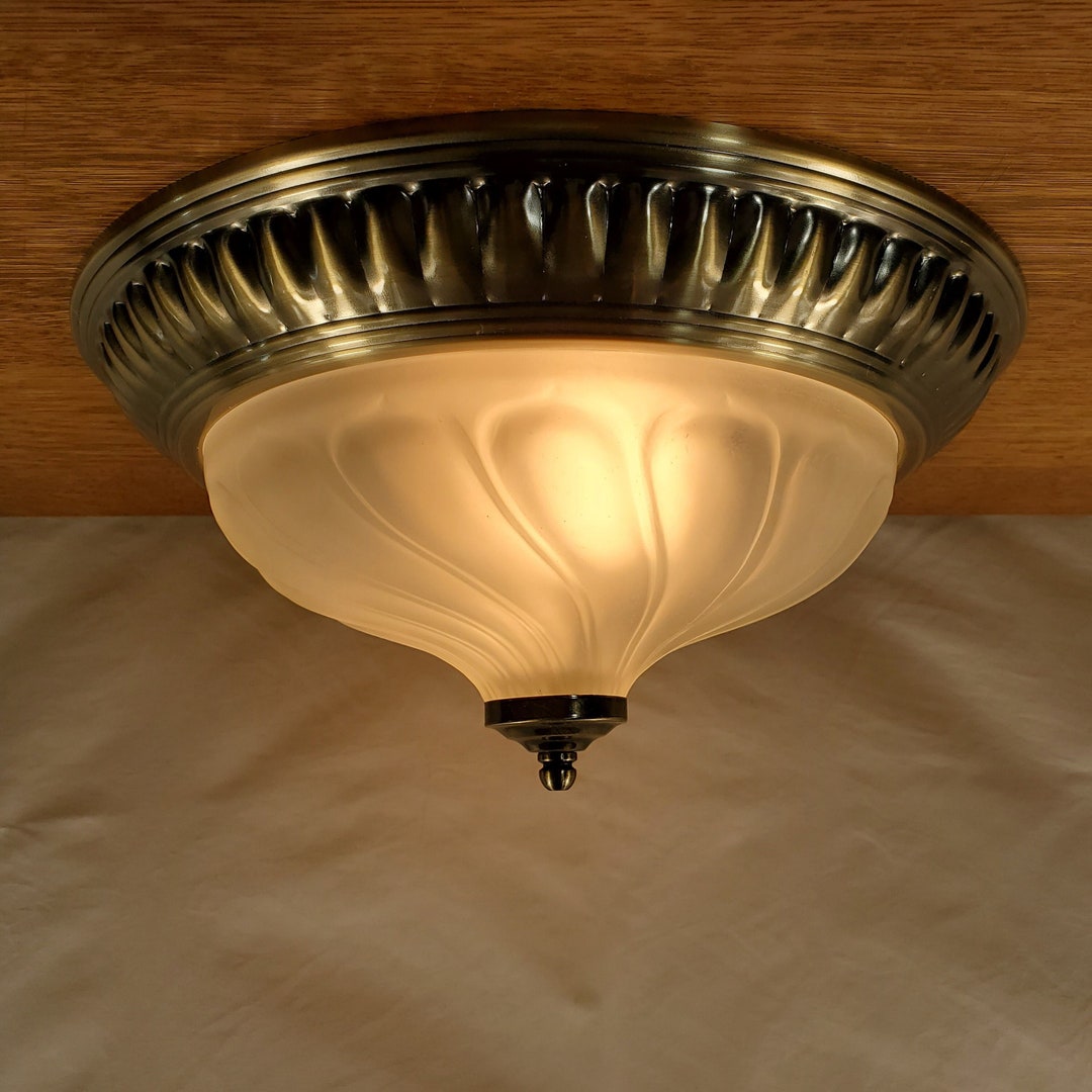 Antique Brass & Glass Light Fixture, Swirled White Opaque Glass, Flush ...
