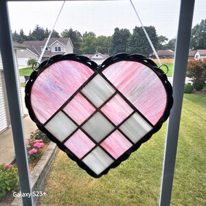 Handmade Stained Glass Heart Window Decor . Pink & White Slag Glass ...
