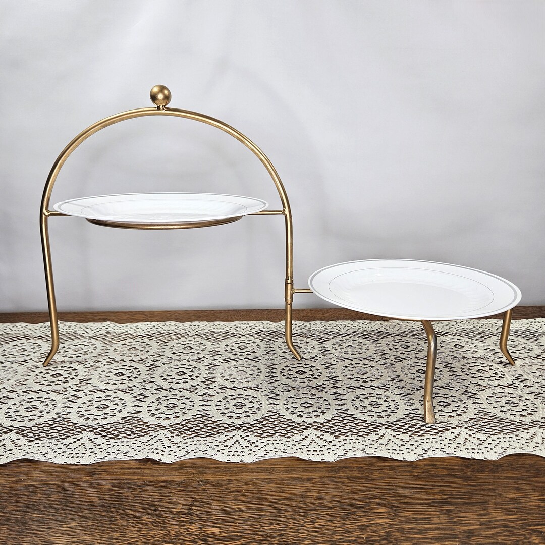 Unusual Vintage Burnished Gold Metal Swing Cake Dessert Stand . 2 Tier ...