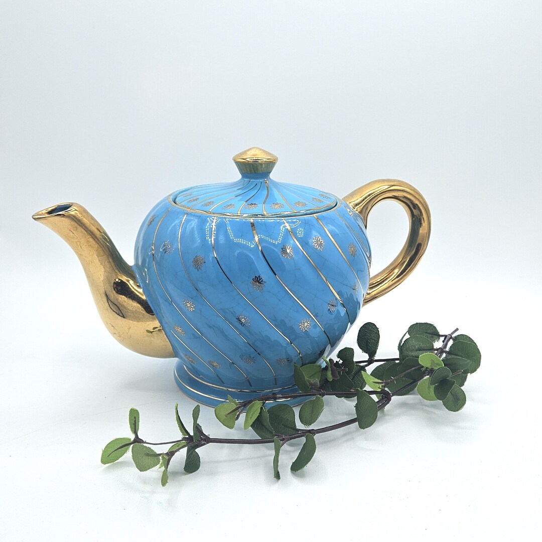Pretty Vintage Turquoise Ceramic Teapot With Gold Flowers Handle and ...