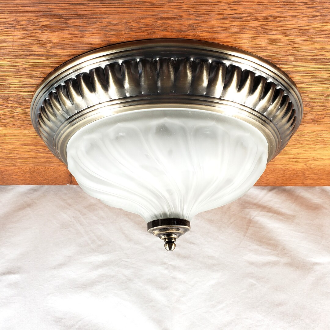 Antique Brass & Glass Light Fixture, Swirled White Opaque Glass, Flush ...