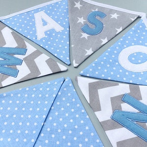 Personalised Blue and Grey Bunting, Baby Name Bunting, Nursery Bunting ...