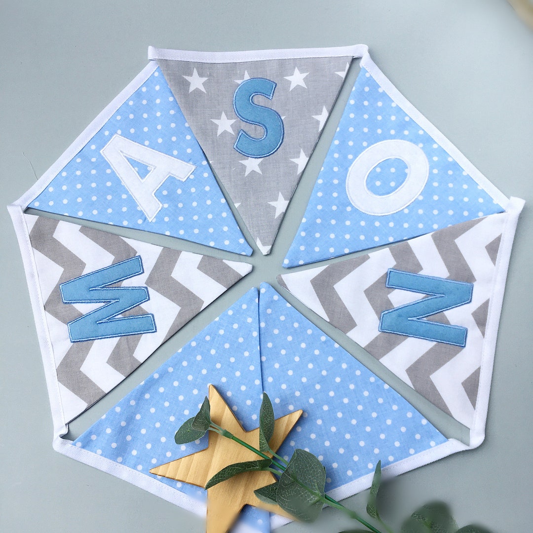 Personalised Blue and Grey Bunting, Baby Name Bunting, Nursery Bunting ...