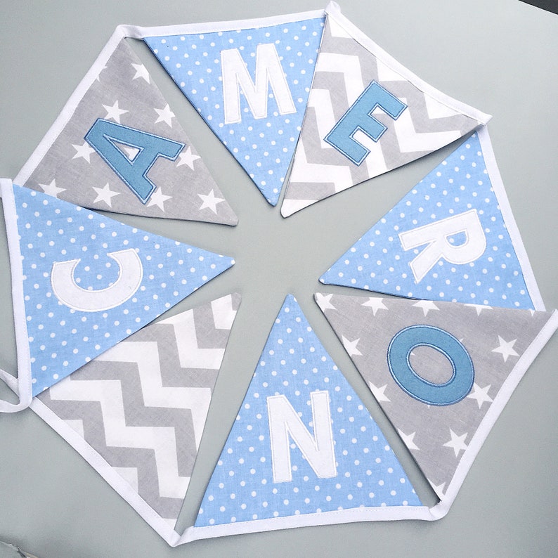 Personalised Blue and Grey Bunting, Baby Name Bunting, Nursery Bunting ...