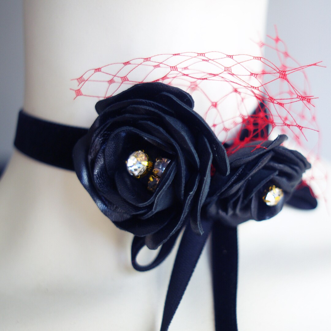 Rose Choker, Black Leather Rose, Black Rose Pendant, Flower Choker ...