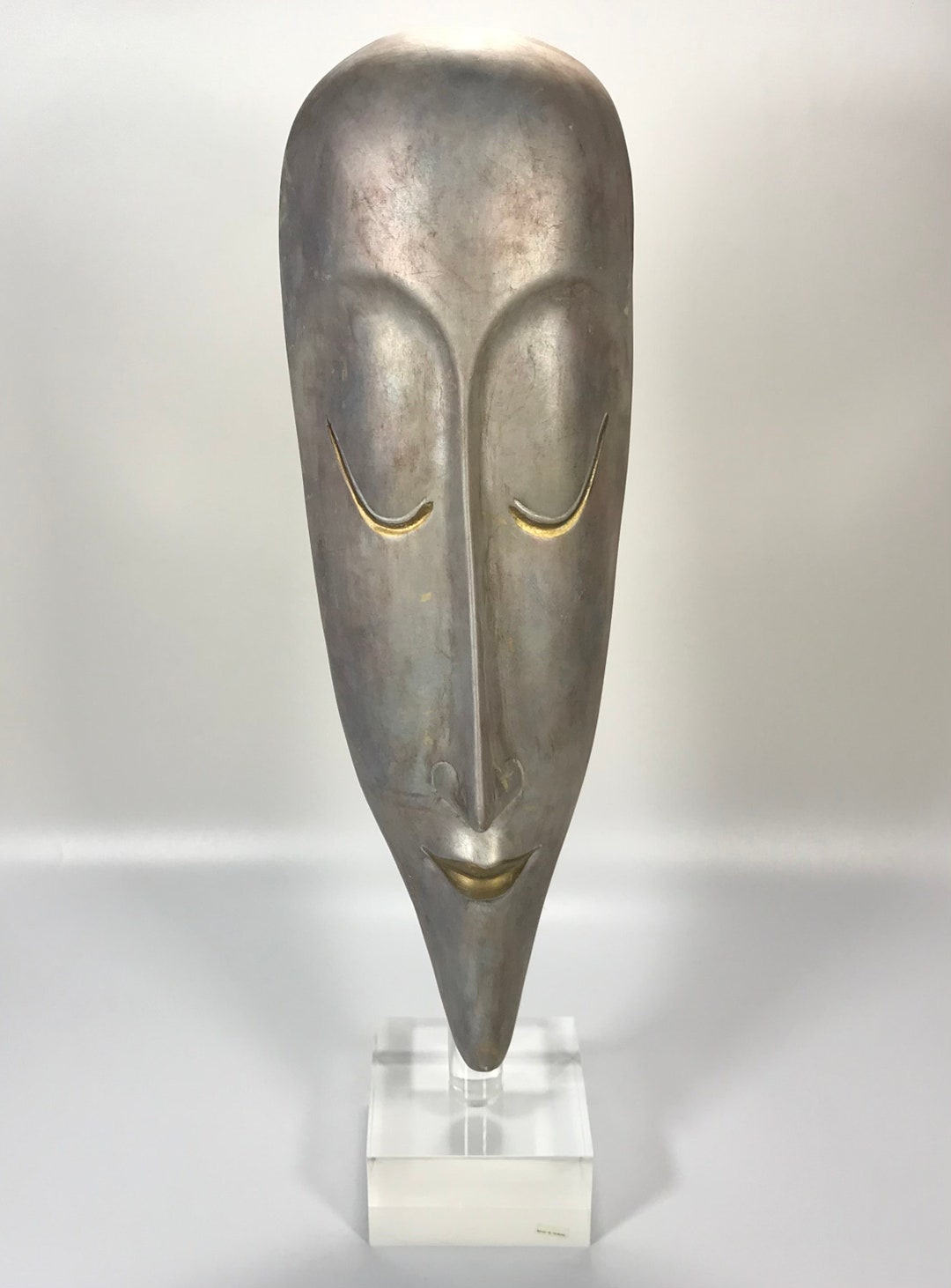 Vintage Long Face Silvered Ceramic Female Mask on Clear Lucite Stand ...