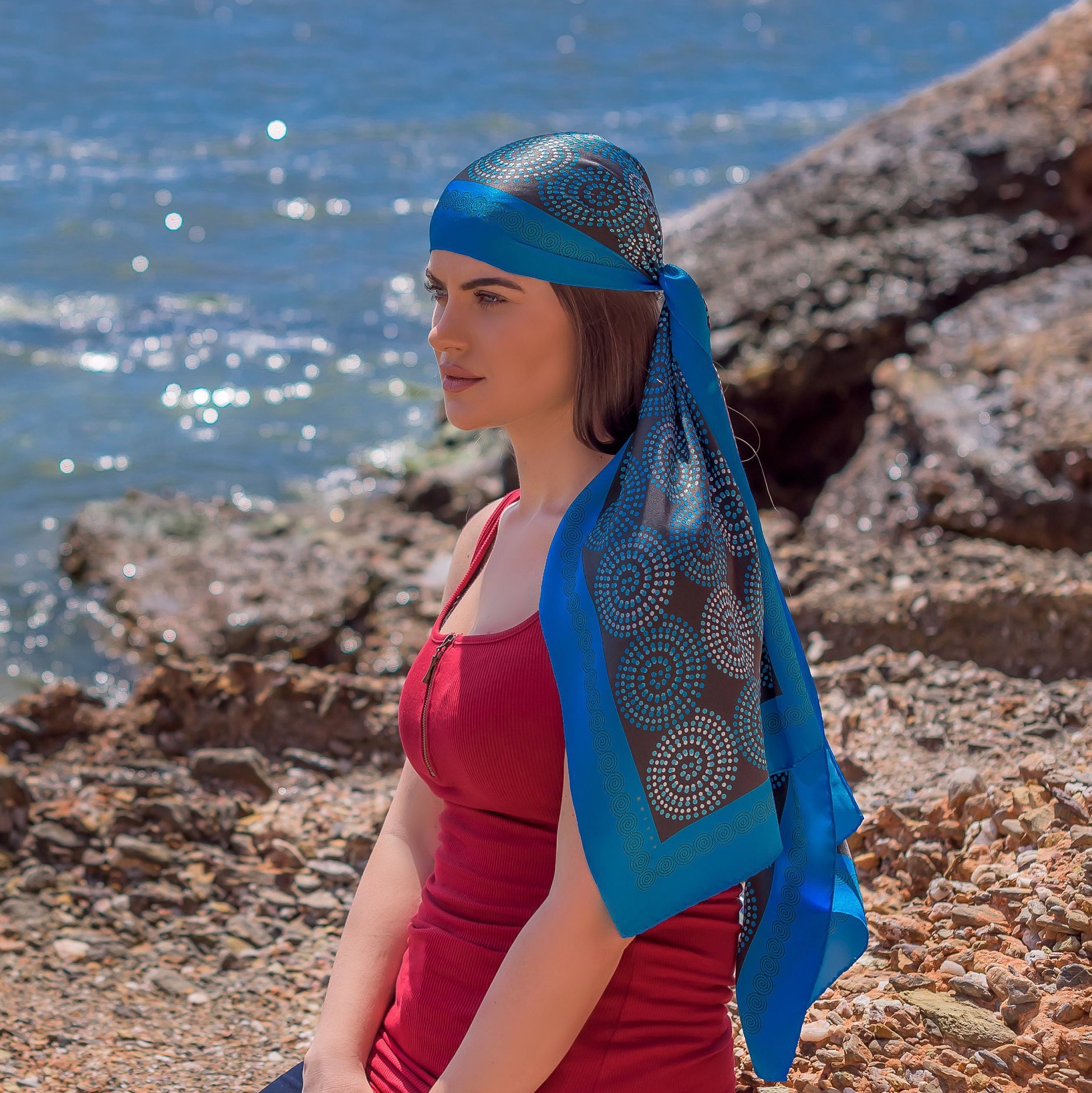 Long Scarf, Blue Silk Scarf Women, Hair Scarf, Blue Scarf, Gift for Her ...