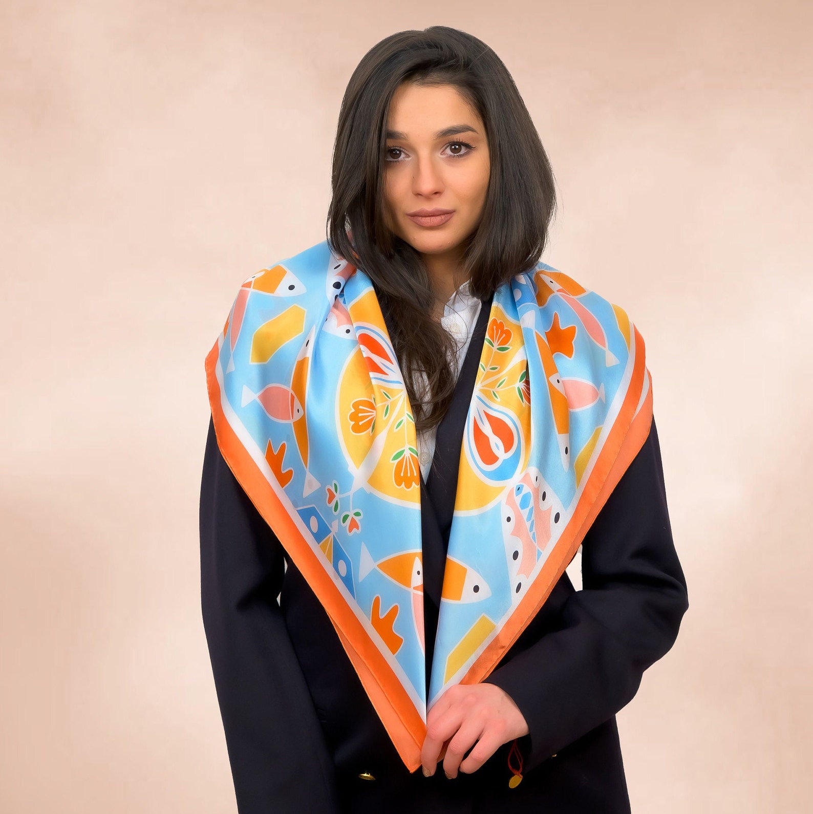 Large Square Scarf, Pure Silk Scarf, Bright Silk Scarf, Blue Silk Scarf ...