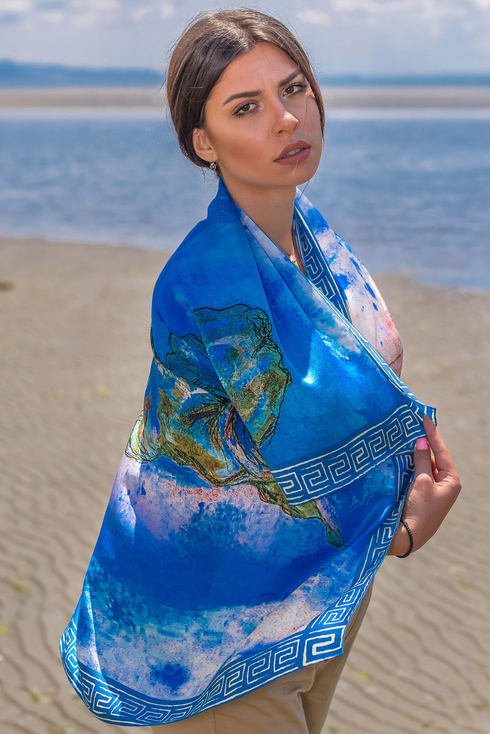 Blue Scarf Ancient Greek Scarf Handpainted Silk Scarf Women | Etsy