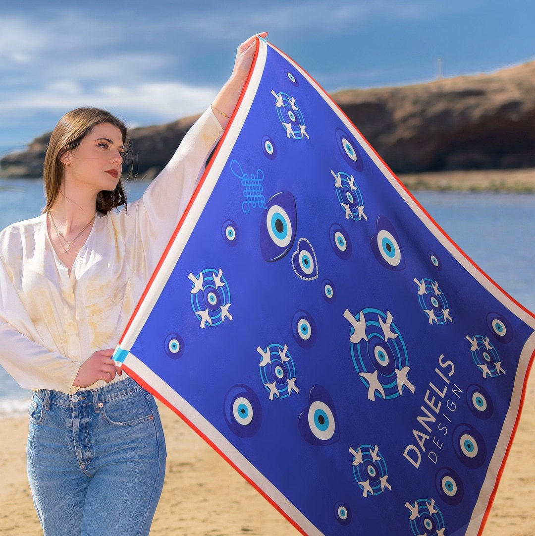 Greek Evil Eye Scarf, Blue Silk Scarf, Large Scarf, Women Scarf, Gift ...