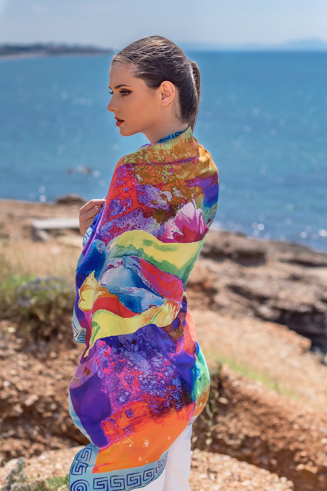 Ancient Greek Scarf, Handpainted Silk Scarf, Women Scarf, Blue Scarf ...