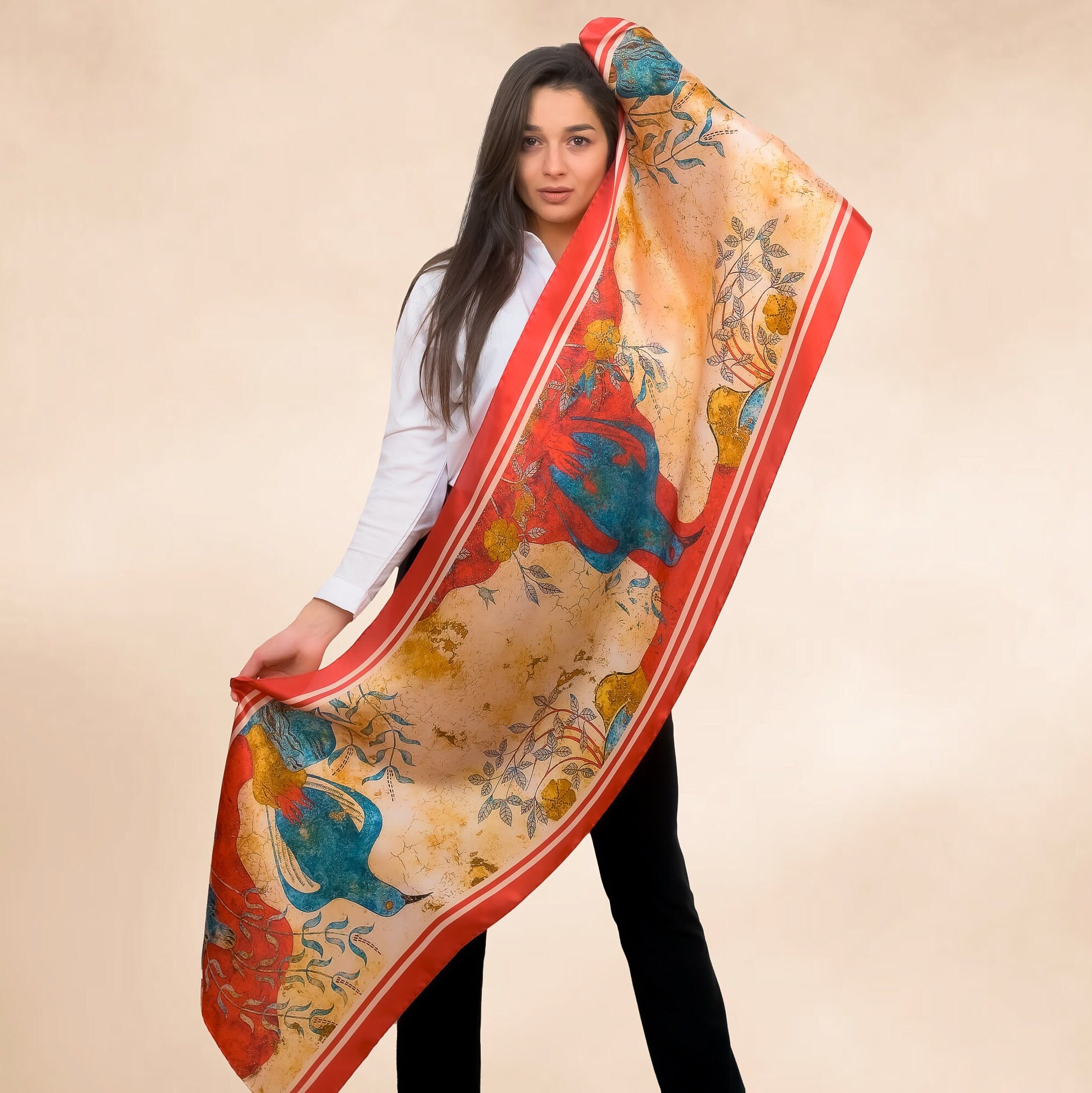Red and Beige Silk Scarf, Pure Silk Scarf, Gift for Her, Handmade Silk ...