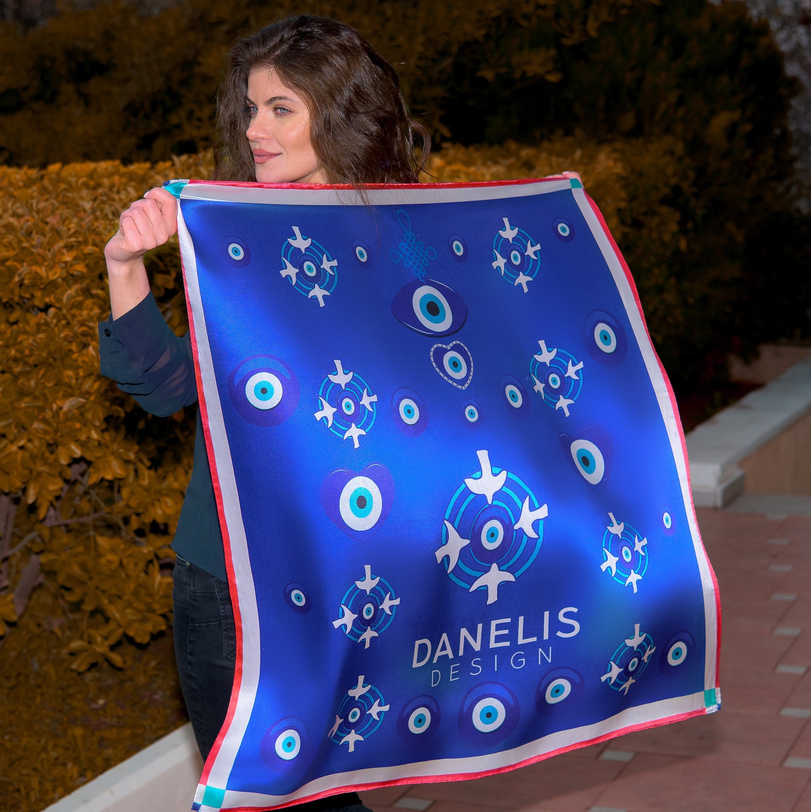 Greek Evil Eye Scarf, Blue Silk Scarf, Large Scarf, Women Scarf, Gift ...