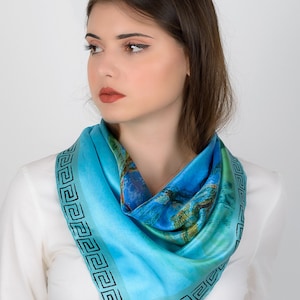 Silk Scarf, Ancient Greek Scarf, Blue Scarf, Square Scarf, Greek ...