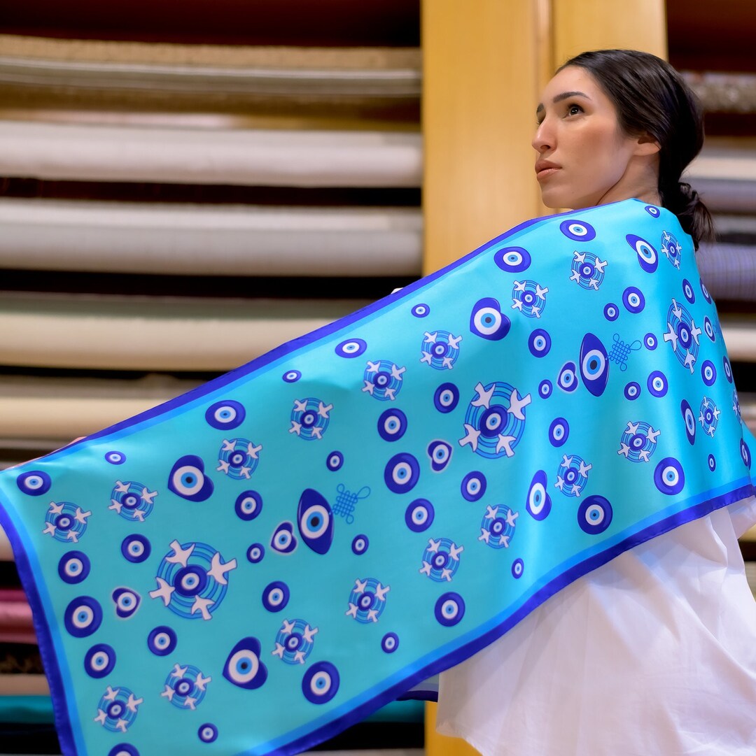 Greek Evil Eye Scarf Women, Long Silk Scarf, Blue Silk Scarf, Gift for ...