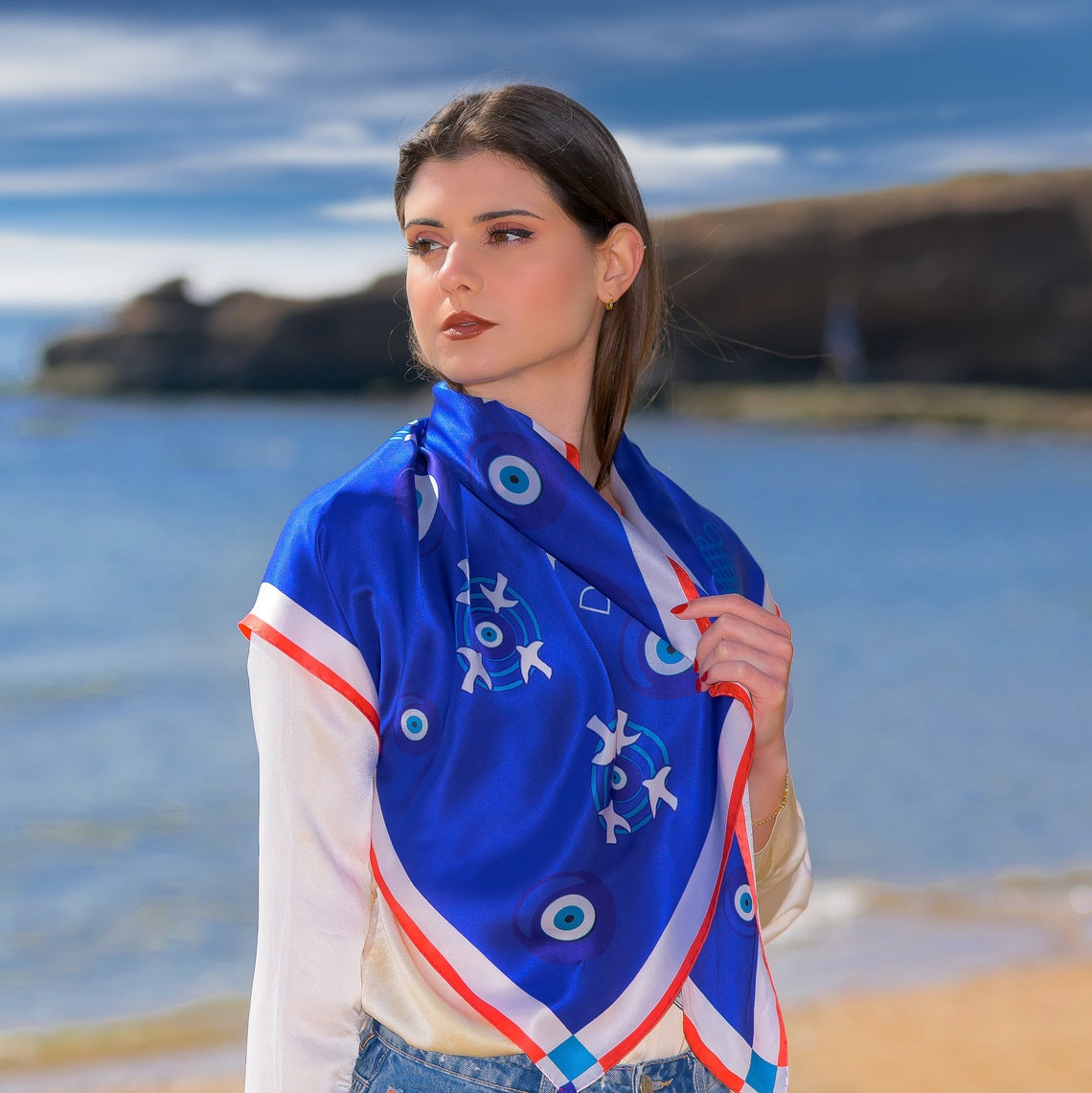 Greek Evil Eye Scarf Blue Silk Scarf Large Scarf Women | Etsy