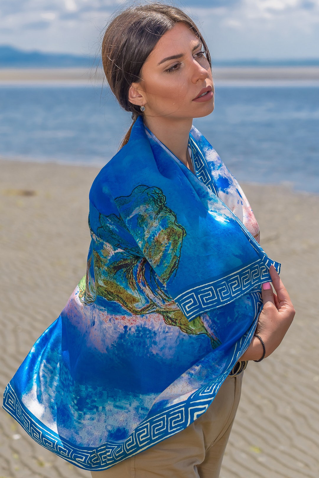 Blue Scarf, Ancient Greek Scarf, Handpainted Silk Scarf, Women Scarf ...