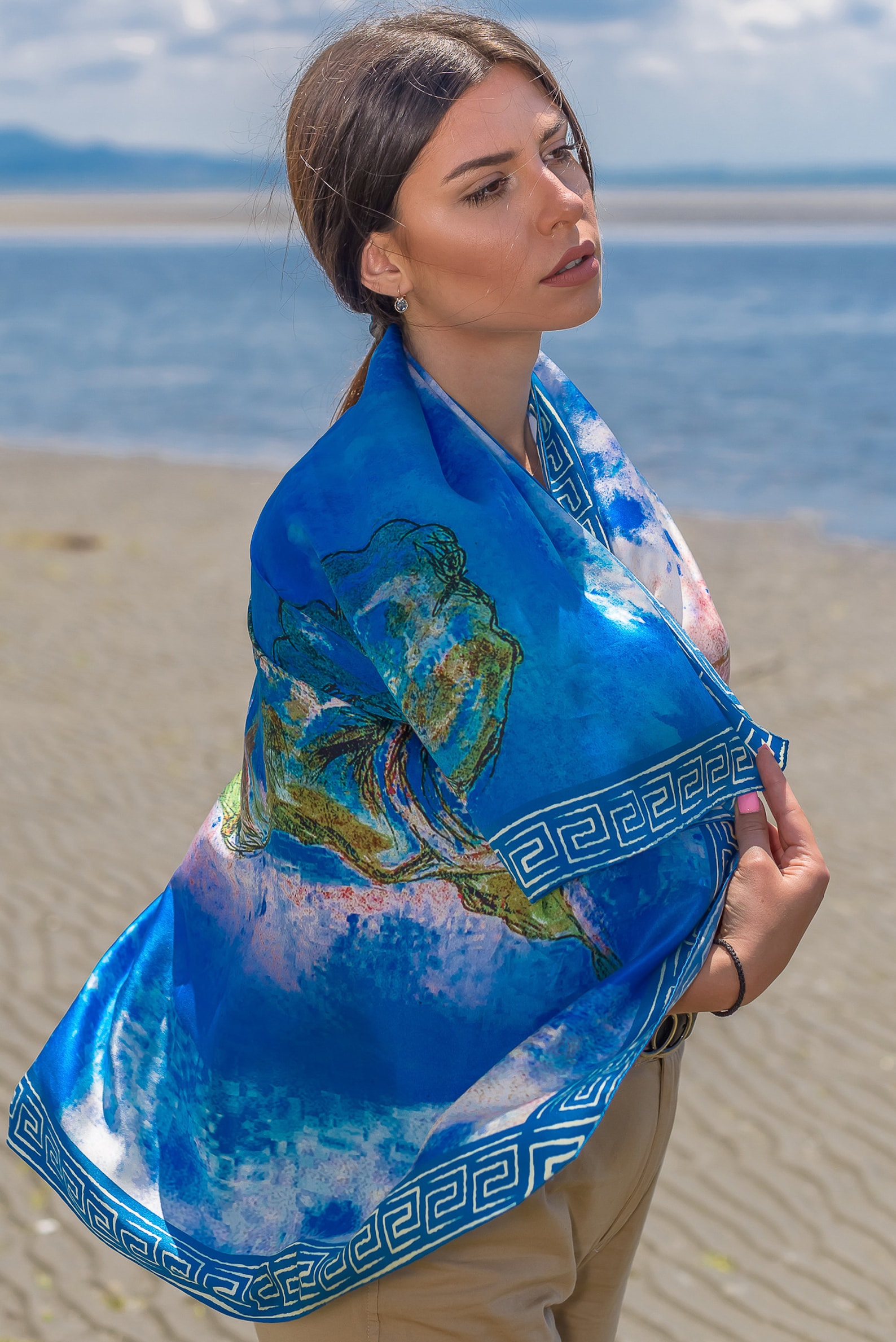 Blue Scarf, Ancient Greek Scarf, Handpainted Silk Scarf, Women Scarf ...