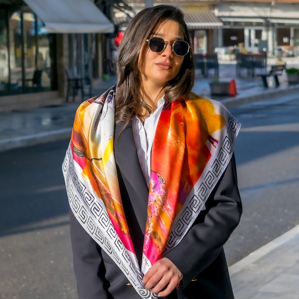Greek Evil Eye Scarf Women, Long Silk Scarf, Blue Silk Scarf, Gift for ...