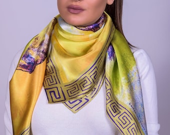 Ancient Greek Scarf, Handpainted Silk Scarf, Women Scarf, Blue Scarf ...