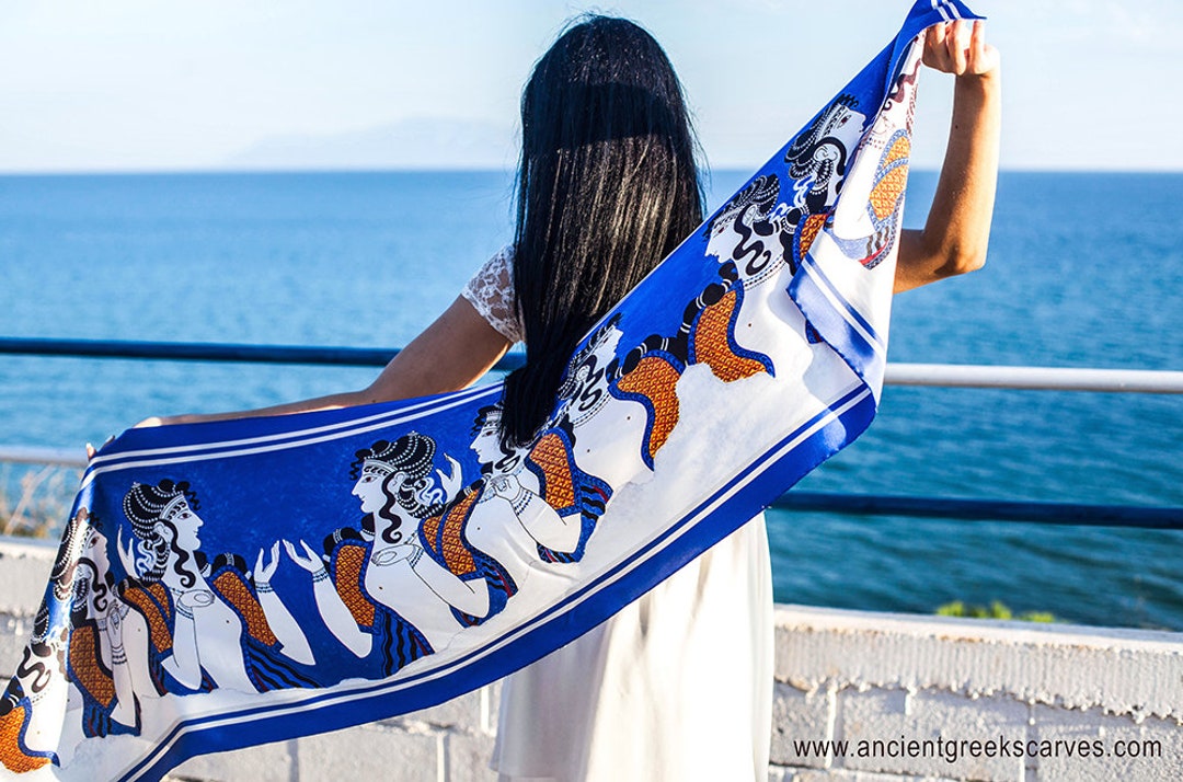 Blue Silk Scarf, Ancient Greek Scarf, Blue Scarf, Handpainted Scarf ...