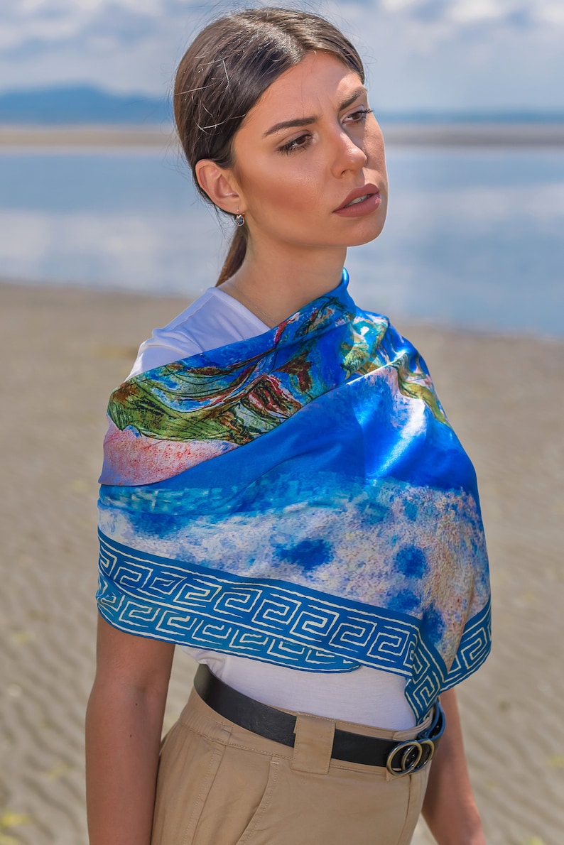 Blue Scarf, Ancient Greek Scarf, Handpainted Silk Scarf, Women Scarf ...