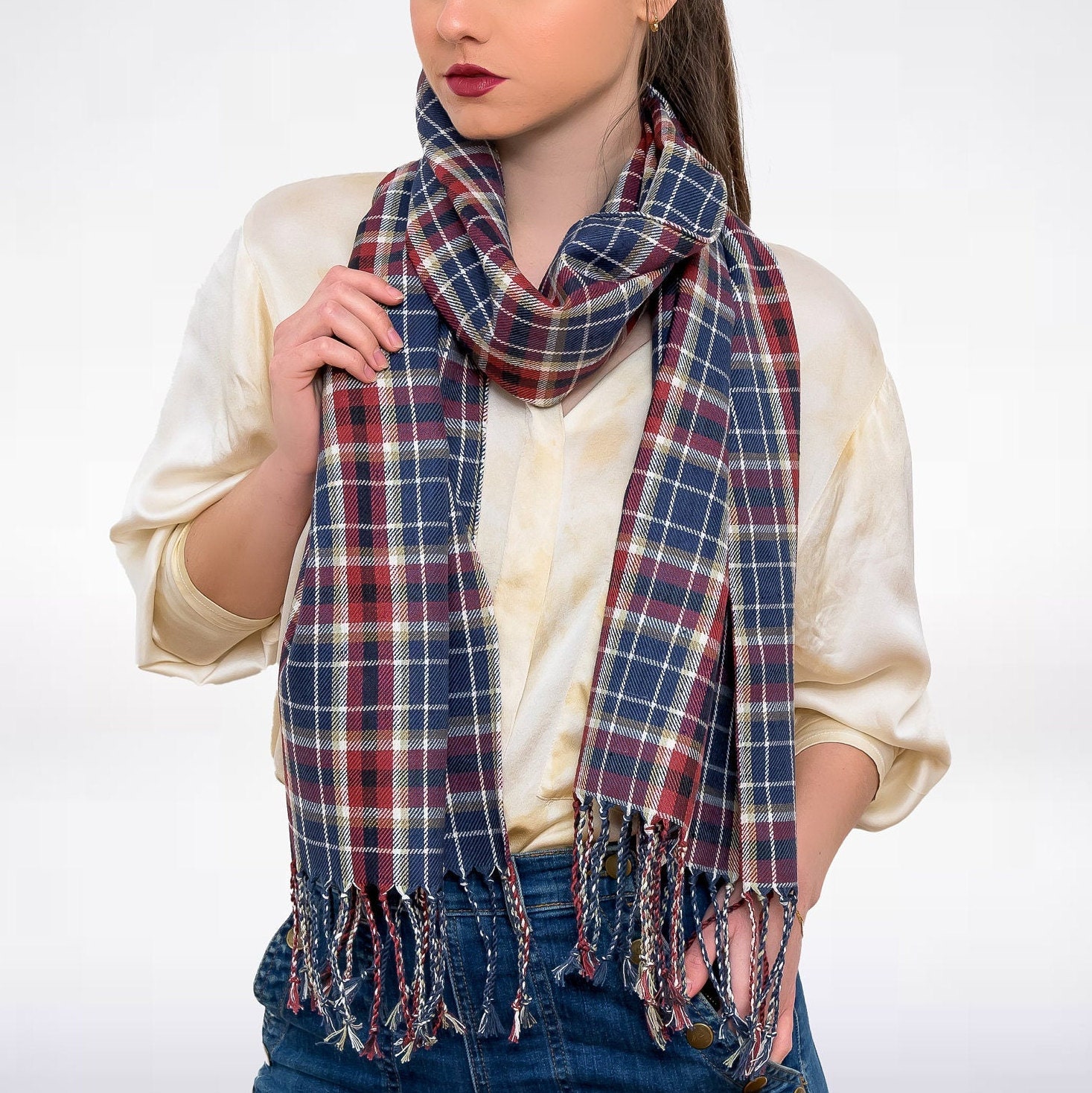 Plaid Silk Scarf, Cotton and Wool Scarf, Warm Scarf, Red and Blue Plaid ...