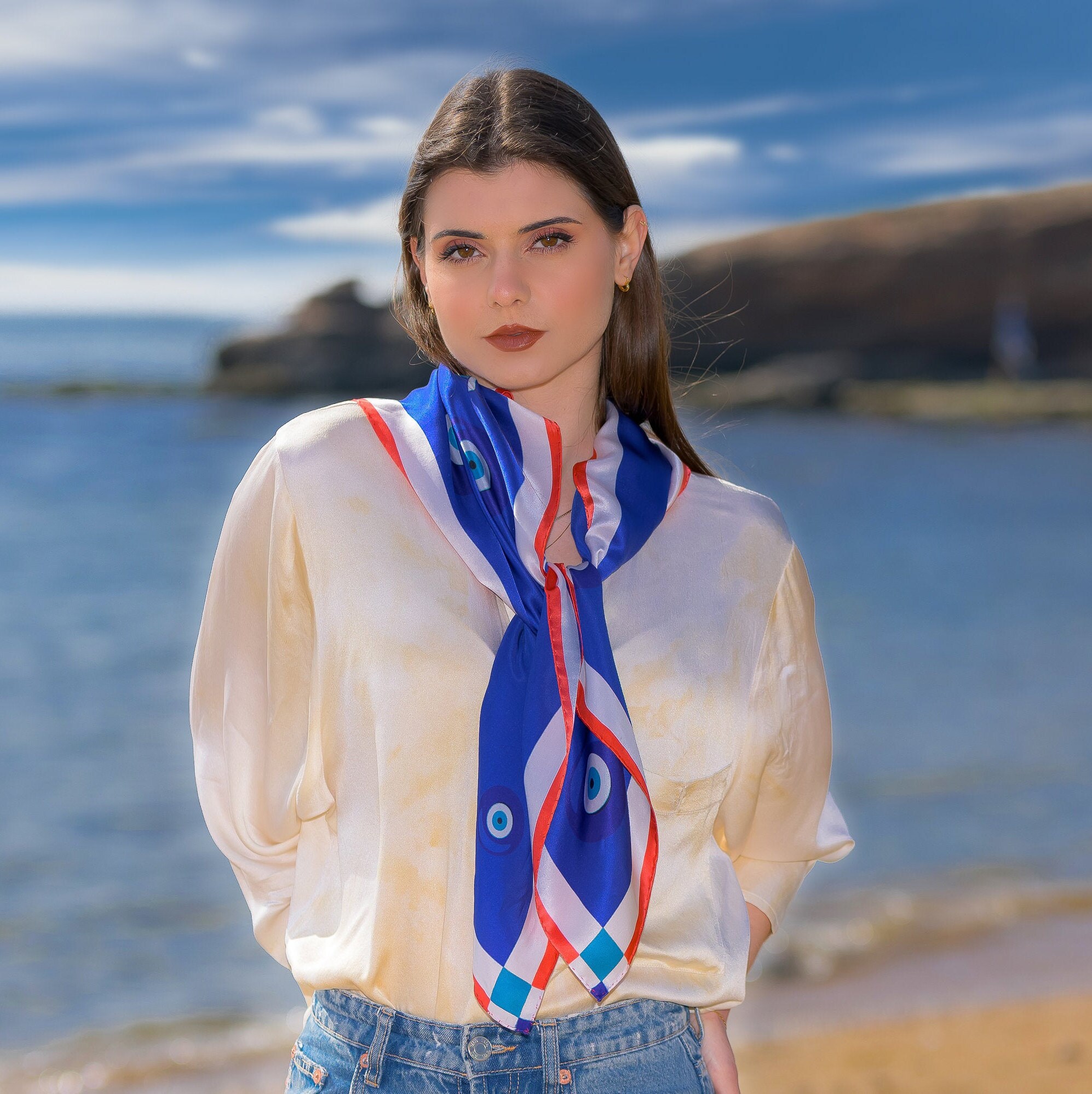 Greek Evil Eye Scarf Blue Silk Scarf Large Scarf Women | Etsy