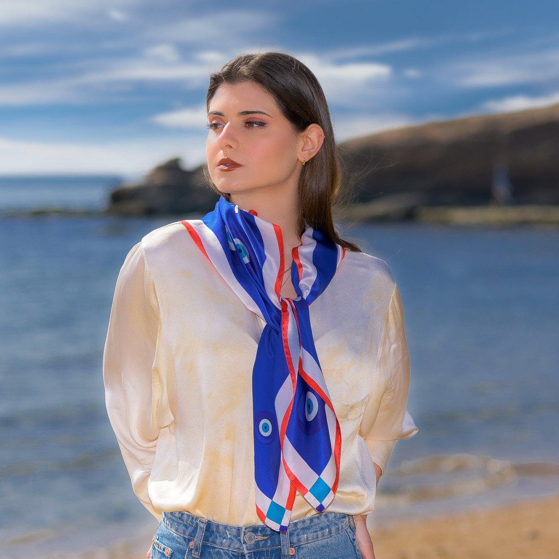 Greek Evil Eye Scarf Blue Silk Scarf Large Scarf Women | Etsy