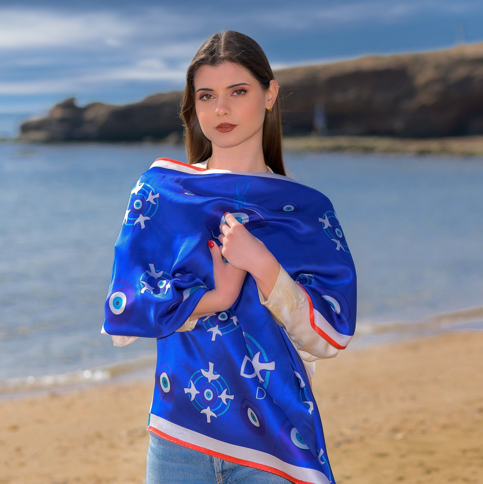 Greek Evil Eye Scarf, Blue Silk Scarf, Large Scarf, Women Scarf, Gift ...