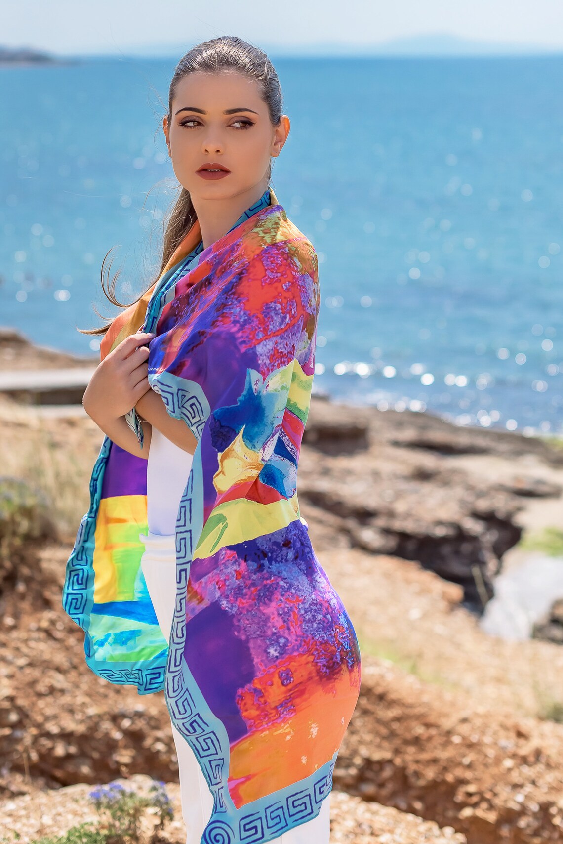 Ancient Greek Scarf Handpainted Silk Scarf Women Scarf Blue | Etsy