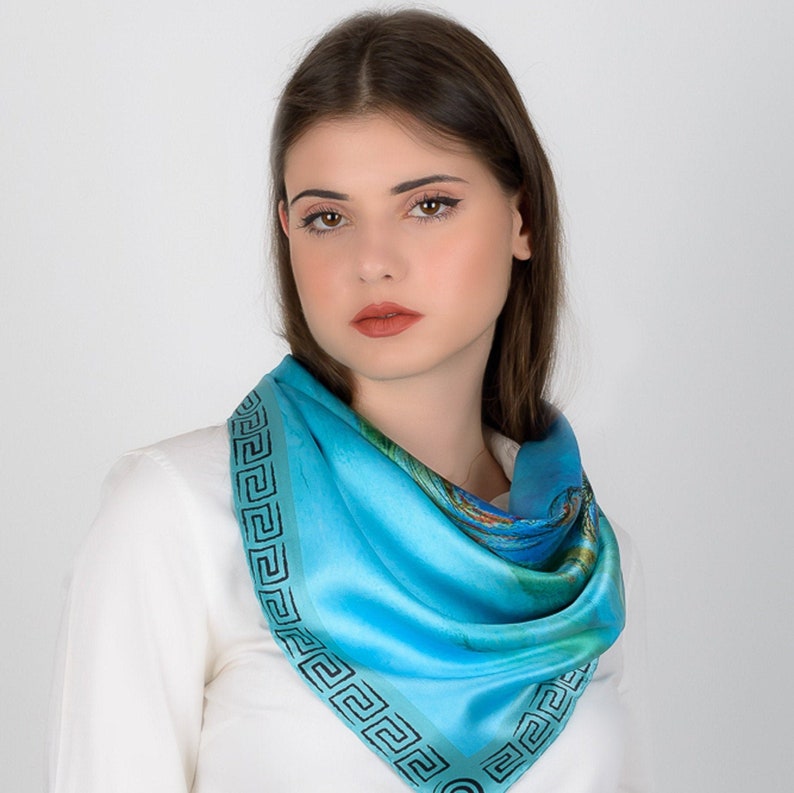 Silk Scarf, Ancient Greek Scarf, Blue Scarf, Square Scarf, Greek ...