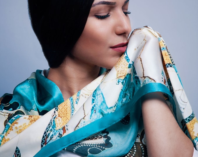 Ancient Greek Scarf, Handpainted Silk Scarf, Women Scarf, Blue Scarf ...