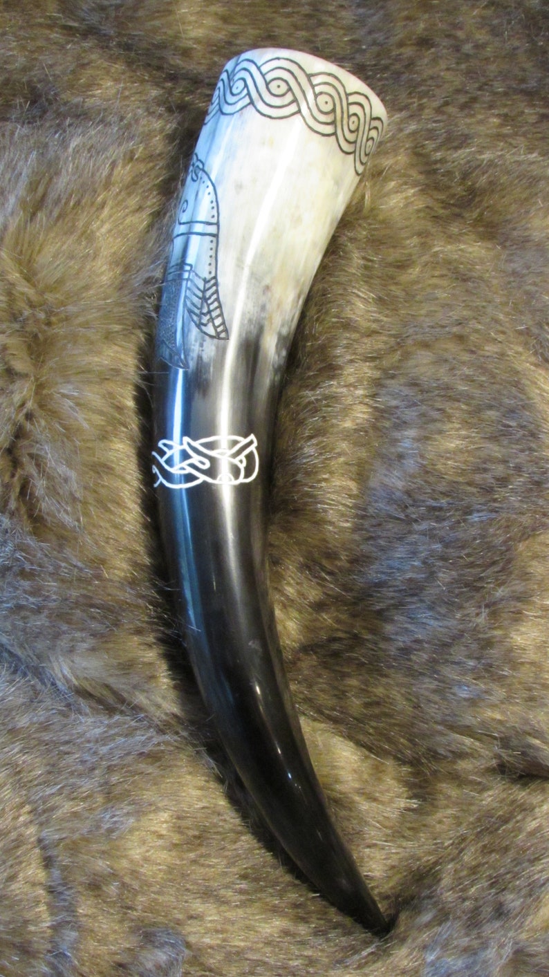 VIKING RAVEN, Hand Carved Drinking Horn 12 - 13" Natural Horn Sealed ...