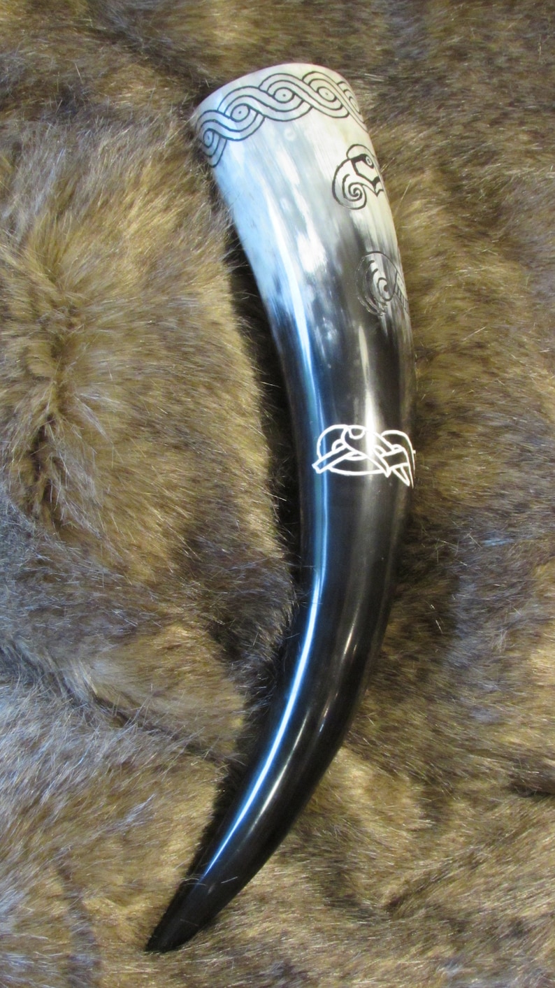 VIKING RAVEN, Hand Carved Drinking Horn 12 13 Natural Horn Sealed ...