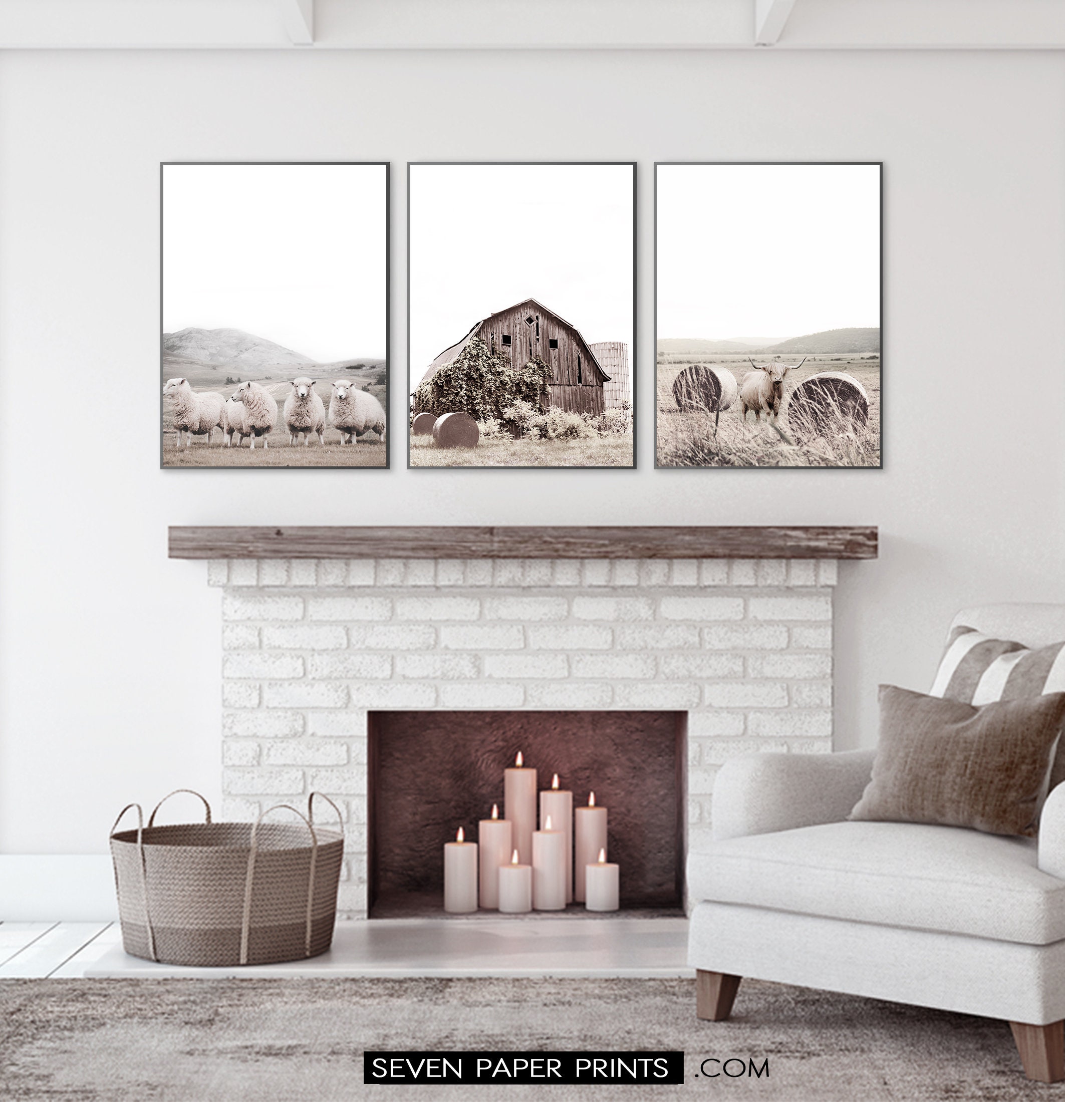 Rustic Set of 3 Prints With Sheep Old Barn and Highland Cow - Etsy