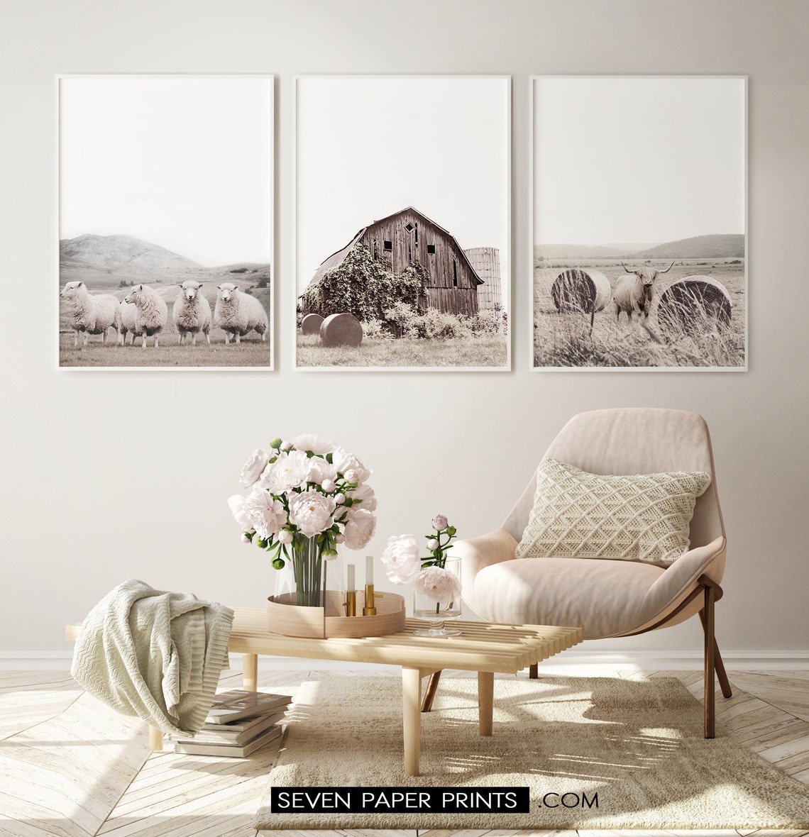 Rustic Set of 3 Prints With Sheep Old Barn and Highland Cow - Etsy