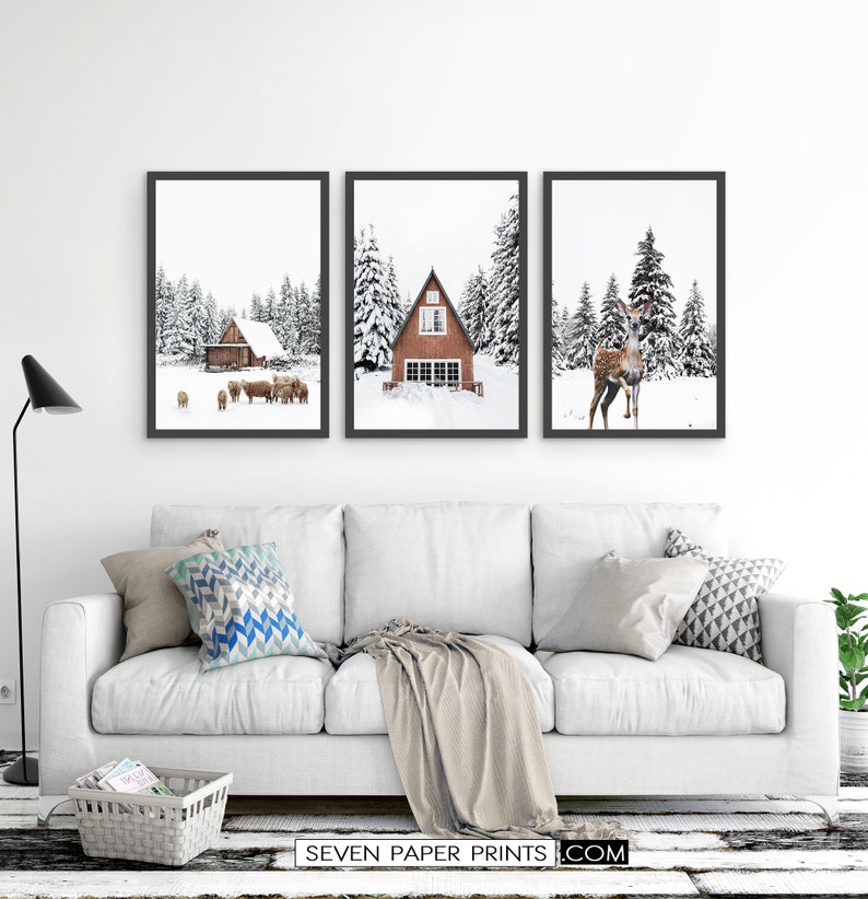 Christmas Wall Art Set in Rustic Style With Cabin Sheep and - Etsy