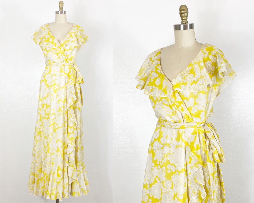 1960s Maxi Dress - 1960s Floral Dress - 1960s Hostess Gown - Size Large ...