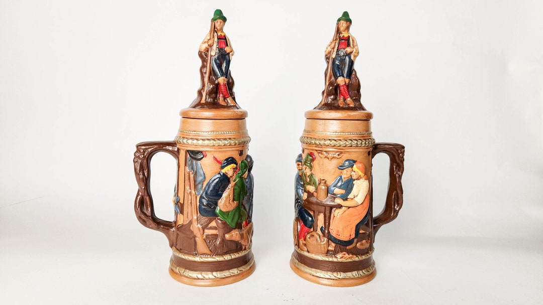 2 Vintage Ceramic German Style Beer Stein With Lid 11 Tall - Etsy